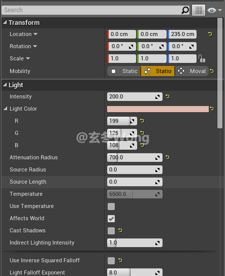 [UE4]PointLight点光源的衰减参数
